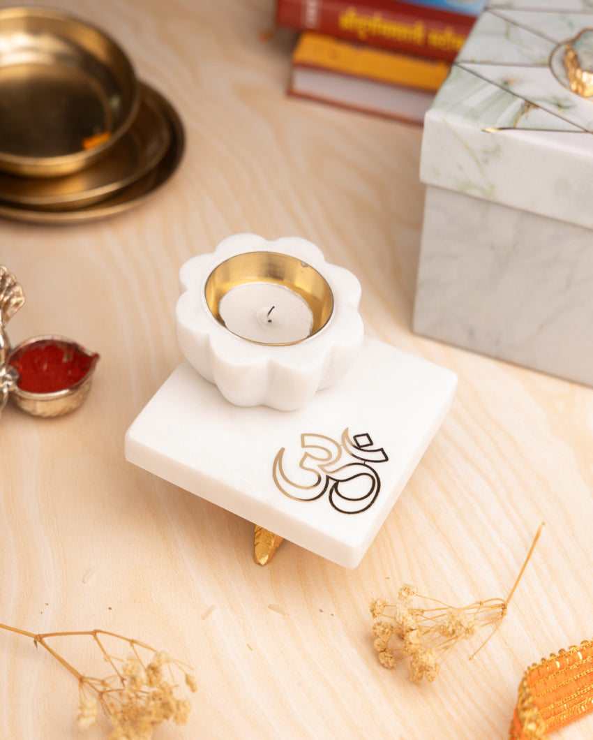 Sacred Symbol Marble OM Pooja Chowki Brass Diya Spiritual Decor – Dusaan